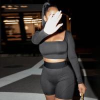 China New Women Sexy Two Piece fitness Sets Open Back Fashion Long Sleeve Top Elastic and high Waist Shorts Basic gym Tracksuit for sale