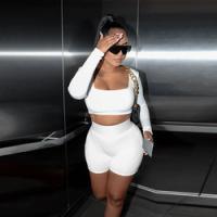 China New Women Sexy Two Piece fitness Sets Open Back Fashion Long Sleeve Top Elastic and high Waist Shorts Basic gym Tracksuit for sale