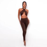 China female summer sexy backless sportswear hanging neck solid color gym wear high waist one-piece yoga set tight casual jumpsuits for sale