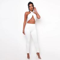 China female summer sexy backless sportswear hanging neck solid color gym wear high waist one-piece yoga set tight casual jumpsuits for sale
