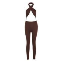 China female summer sexy backless sportswear hanging neck solid color gym wear high waist one-piece yoga set tight casual jumpsuits for sale