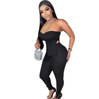 China 2021 Fall Women Casual Sleeveless Strapless Workout Fitness clothes ladies solid color Bodycon two pieces sportswear long Romper for sale