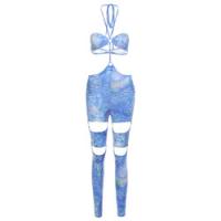 China female summer sexy hollow-out hanging neck sportswear lace-up buckle one-piece yoga set high waist tight fitness swimwear for sale