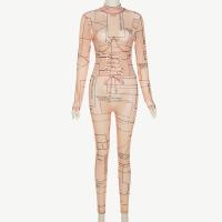 China women new sexy net gauze perspective one-piece yoga set digital print gym wear tighten waist binding jumpsuits for sale