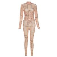 China women new sexy net gauze perspective one-piece yoga set digital print gym wear tighten waist binding jumpsuits for sale