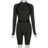 China Fashion new autumn soild color high elastic casual fitness bodycon lucky label one piece jumpsuit short yoga set for sale