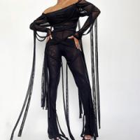 China 2021 Women Sexy see-through gauze Mesh Jumpsuits Tight Long Sleeve Pants Off shoulder skinny Rompers for sale