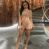 China 2020 women long sleeve Sexy high neck lace up short yoga pants women jumpsuit printed one piece sports set for sale
