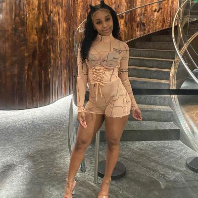China 2020 women long sleeve Sexy high neck lace up short yoga pants women jumpsuit printed one piece sports set for sale