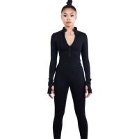 China Fitness Active Wear Rompers front Zipper deep V Neck Sexy Fashion Long Sleeve Workout Sports set Women Jumpsuit for sale