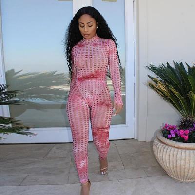 China Women hot selling fashion sexy mesh jumpsuit long sleeve women hollowed out sportswear for sale