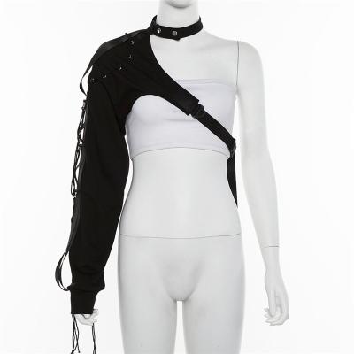 China Women Asymmetrical Choker Collar Buckle Off One Shoulder Crop Top Reflective jacket women for sale