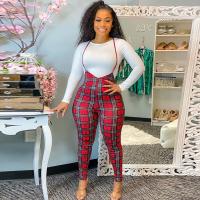 China printed grid Knitting Skinny Crop Tops Overalls Suspender Trousers ladies Tracksuit Women fitness Clothing Casual streetwear for sale