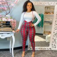 China printed grid Knitting Skinny Crop Tops Overalls Suspender Trousers ladies Tracksuit Women fitness Clothing Casual streetwear for sale