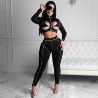 China Women Winter two pieces Yoga Suit fitness Clothing  ladies Long Sleeve Seamless High Waist Tight Fitting Hollow Out Sportswear for sale