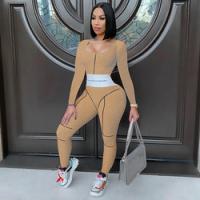 China Women long sleeve  active wear one piece jumpsuit fashion patchwork rompers ladies bodycon new trendy sportswear for sale