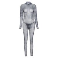 China 2021 New Women'S High Neck Long Sleeve sportswear Sexy Mesh See-Through Printed Jumpsuit  one piece yoga set for sale
