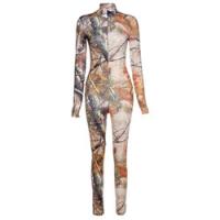 China 2021 New Style One Piece Jumpsuits Women Sexy Printing front zipper Long yoga Pants One Piece sportswear for sale