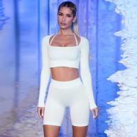 China European and American style women new sexy navel slim yoga clothing long sleeve top high waist shorts sports suit for sale