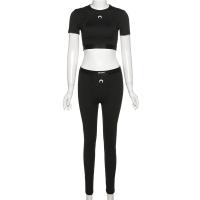 China Fashion trend new embroidery pattern slim short sleeve top high waist tight trousers sports suit women for sale