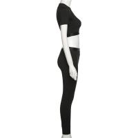 China Fashion trend new embroidery pattern slim short sleeve top high waist tight trousers sports suit women for sale