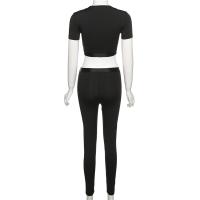 China Fashion trend new embroidery pattern slim short sleeve top high waist tight trousers sports suit women for sale