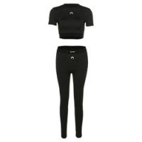 China Fashion trend new embroidery pattern slim short sleeve top high waist tight trousers sports suit women for sale