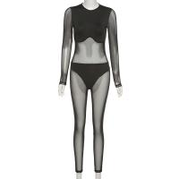 China 2021 New spring Sexy Women Mesh Patchwork Jumpsuits Long Sleeve Black  Bodycon One Piece sports set in stock for sale