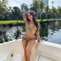 China ladies print crop tops long sleeve drawstring two-piece bathing suit buttocks-packed short floral lace-up swimwear for sale