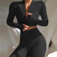 China ladies stand Collar sportswear Long Sleeve Seamless Activewear front Zipper Tops And Yoga pants Set girls clothing for sale