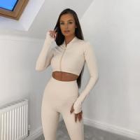 China ladies stand Collar sportswear Long Sleeve Seamless Activewear front Zipper Tops And Yoga pants Set girls clothing for sale