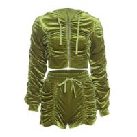 China Wholesale Custom Women two pieces Yoga Set Pleated Hooded Velvet Top Sexy casual Shorts Ladies Workout Sportswear for sale