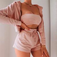 China New Fashion Women Solid Color Hooded Long Sleeve tops And Short Yoga Pant Casual Female Three-piece Sports suit jacket women for sale