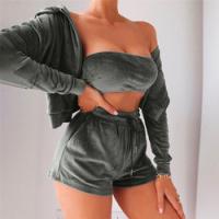 China New Fashion Women Solid Color Hooded Long Sleeve tops And Short Yoga Pant Casual Female Three-piece Sports suit jacket women for sale