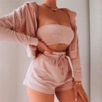 China New Fashion Women Solid Color Hooded Long Sleeve tops And Short Yoga Pant Casual Female Three-piece Sports suit jacket women for sale