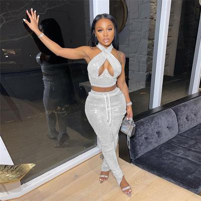 China Wholesale Custom Women Ruched Butt Sexy Sleeveless Halter Top Casual Lace Up Pants Suit Ladies Workout Sportswear for sale