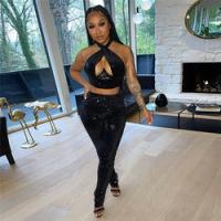 China Wholesale Custom Women Ruched Butt Sexy Sleeveless Halter Top Casual Lace Up Pants Suit Ladies Workout Sportswear for sale