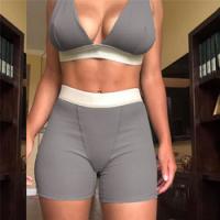 China 2 Piece Elastic V-collar Crop Top High Waist sports set Woman Sportswear Fitness Shorts Set for sale