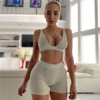 China 2 Piece Elastic V-collar Crop Top High Waist sports set Woman Sportswear Fitness Shorts Set for sale
