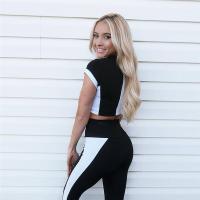 China short Sleeves Women Activewear Stitching Color Yoga Legging And Bra Crop Top Running Sportswear for sale