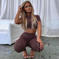 China Hot selling women solid color yoga set short sleeve workout fitness clothes two pieces sportswear ladies fashion sports set for sale