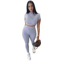 China Hot selling women solid color yoga set short sleeve workout fitness clothes two pieces sportswear ladies fashion sports set for sale