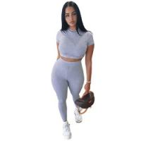 China Hot selling women solid color yoga set short sleeve workout fitness clothes two pieces sportswear ladies fashion sports set for sale