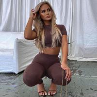 China Hot selling women solid color yoga set short sleeve workout fitness clothes two pieces sportswear ladies fashion sports set for sale