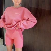 China Plain Color Loose hoodies Shorts Sportswear Two-Piece long Sleeve yoga set O Neck Two Piece sports Set Women fitness Clothes for sale
