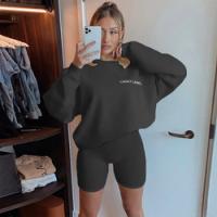 China Plain Color Loose hoodies Shorts Sportswear Two-Piece long Sleeve yoga set O Neck Two Piece sports Set Women fitness Clothes for sale