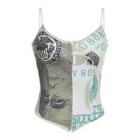 China New Style US Dollar Printed Sling vest Deep V front Zipper Tight-Fitting Bust-Wrapped Sleeveless Party crop tops for sale