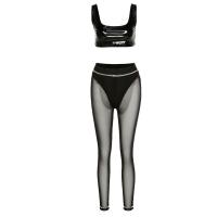 China 2021 New Fashion Imitation Leather sports bra and yoga pants Slim mesh transparent legging Casual 2 Piece sports Set for sale