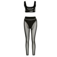 China 2021 New Fashion Imitation Leather sports bra and yoga pants Slim mesh transparent legging Casual 2 Piece sports Set for sale