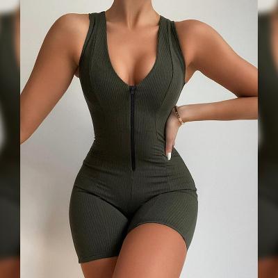 China Hot Selling Ladies Sexy Slim Casual Activewear Women short Romper Solid Color Sleeveless front Zipper Jumpsuit for sale